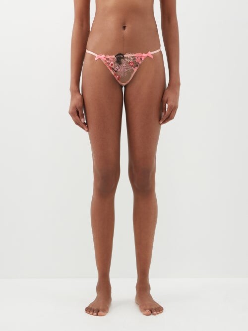Agent Provocateur Zuri Floral-embroidered Tulle Thong - Pink Multi - ShopStyle