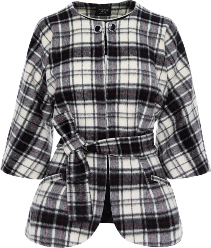 Avenue no.29 Check Wool Cape With Belt - Black & White - ShopStyle