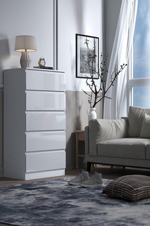 FWStyle 5 Drawer High Gloss White Tall Chest Of Drawers - Stora - ShopStyle