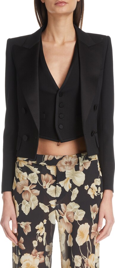 Saint Laurent Double Breasted Wool Crop Tuxedo Jacket - ShopStyle Blazers