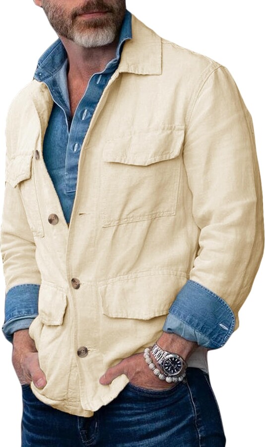 Runcati Mens Lightweight Shirt Jacket Button Down Long Sleeve Safari ...