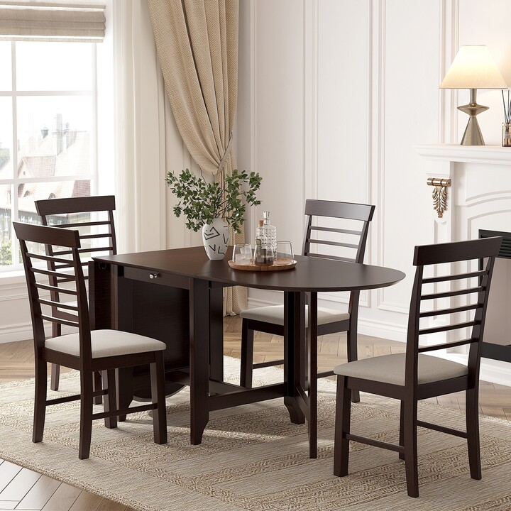 RASOO Space-Saving 5-Piece Dark Cappuccino Retro Drop-Leaf Dining Set with Upholstered Chairs ...