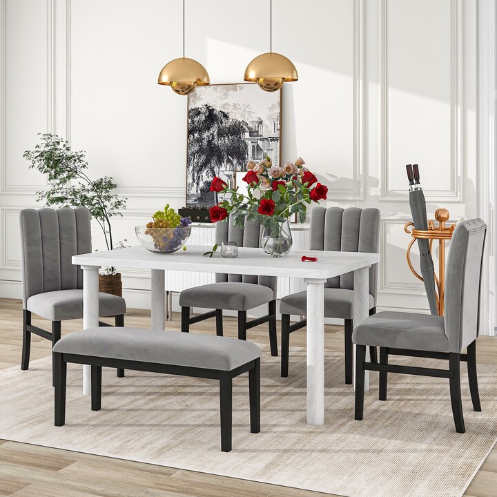 TOSWIN Elegant 6-Piece Dining Table Set with Marble Veneer Table ...