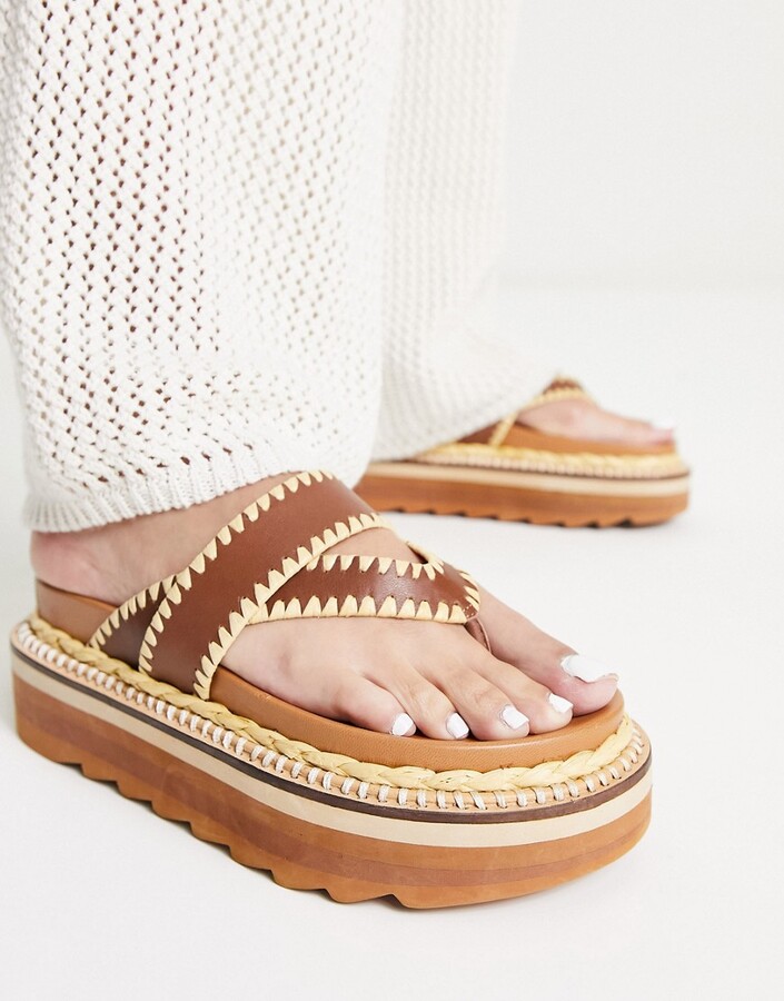 ASOS DESIGN Fiesta leather toe thong platform flat sandals in brown ...