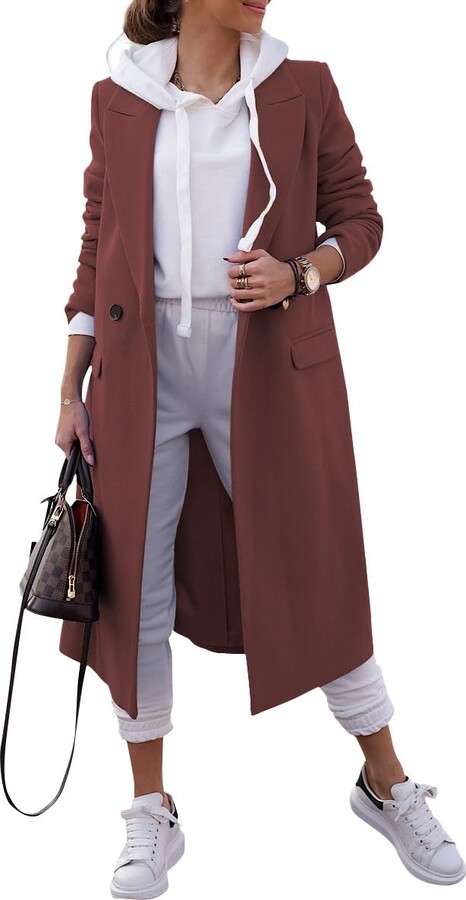 Zwurew Women's Double Breasted Pea Coat Winter Notched Lapel Collar Wool Blend Long Trench Coat ...