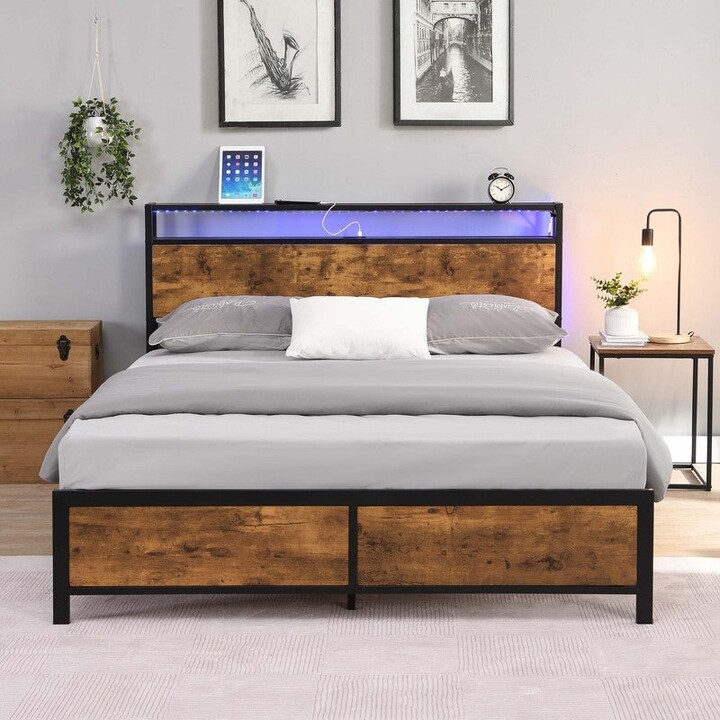 Rustic Queen Bed Frame with LED Lights and 2 USB Ports - ShopStyle