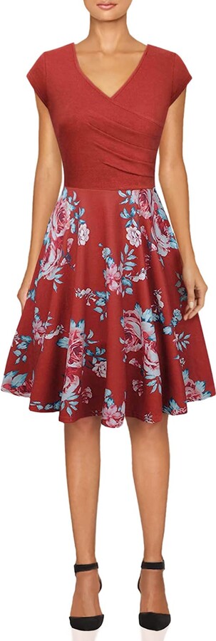 OMZIN Women's Summer 1950s Vintage Dress Wrap V Neck Cap Sleeve Dress ...