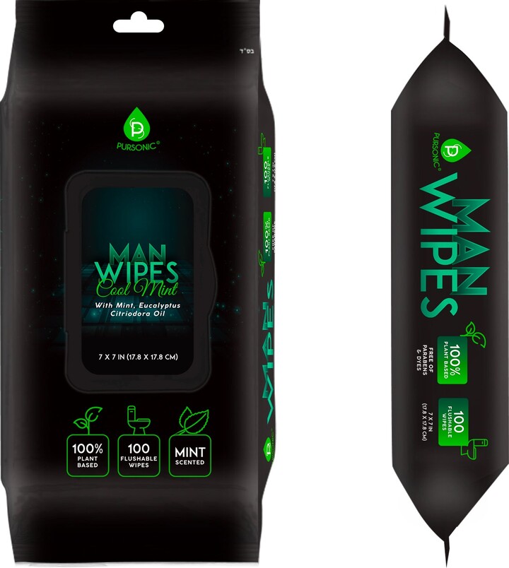 Pursonic 100% Plant Based Man Wipes, Mint Scented, Flushable wipes, 100 ...