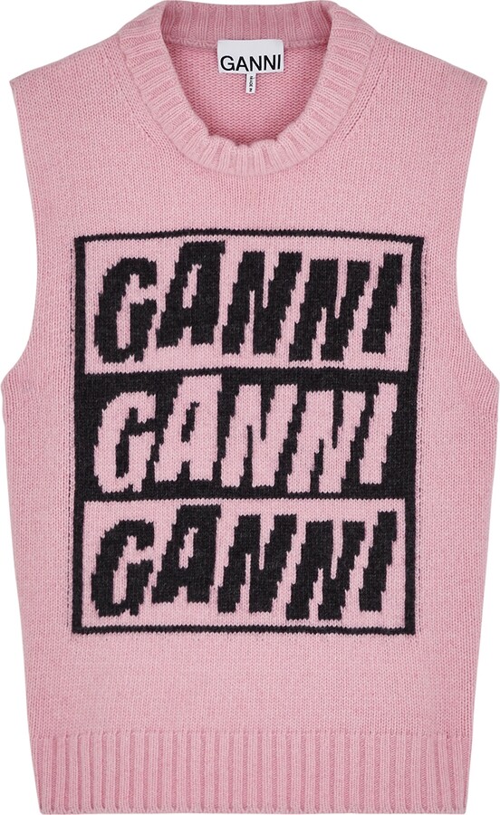 Ganni Pink Logo-intarsia Wool-blend Vest - ShopStyle Sweaters