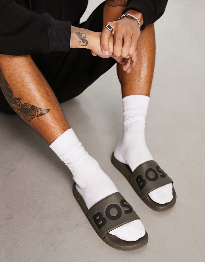 BOSS ORANGE Aryeh logo sliders in khaki - ShopStyle Sandals & Slides