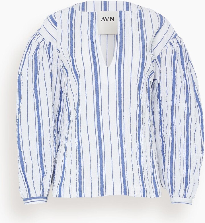 AVN Caftan Shirt in White with Navy Stripes - ShopStyle Tops