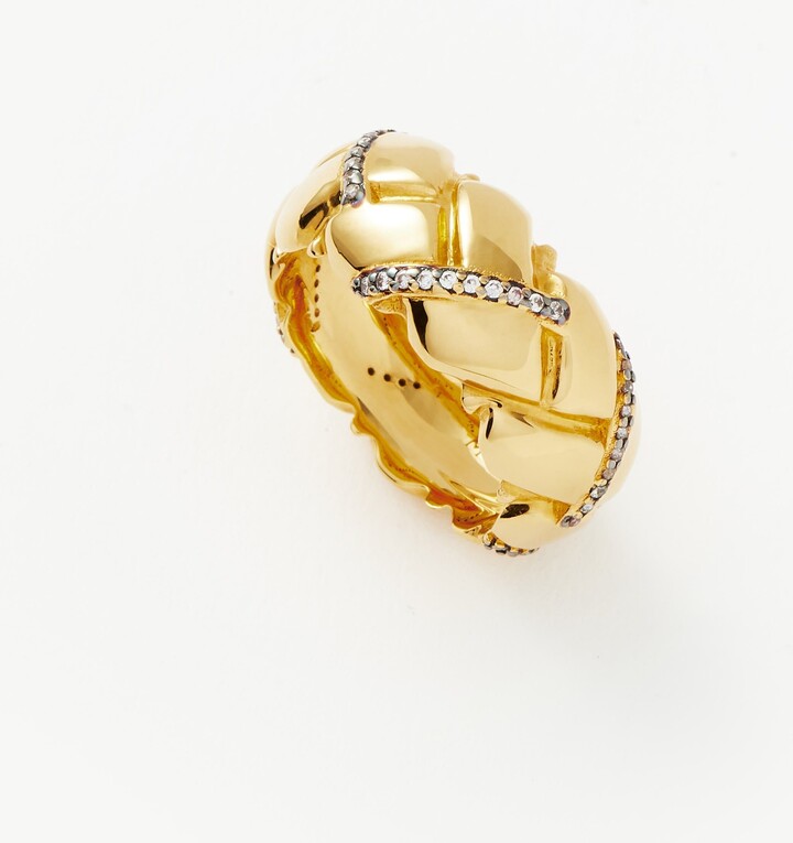 Lucy Williams Chunky Pavé Waffle Ring 18ct Gold Plated/Cubic Zirconia ...