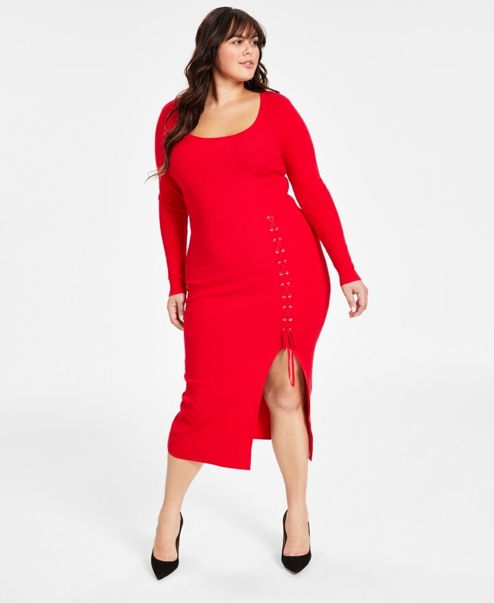 Bar III Plus Size Rib-Knit Lace-Up Sweater Dress, Created for Macy's ...