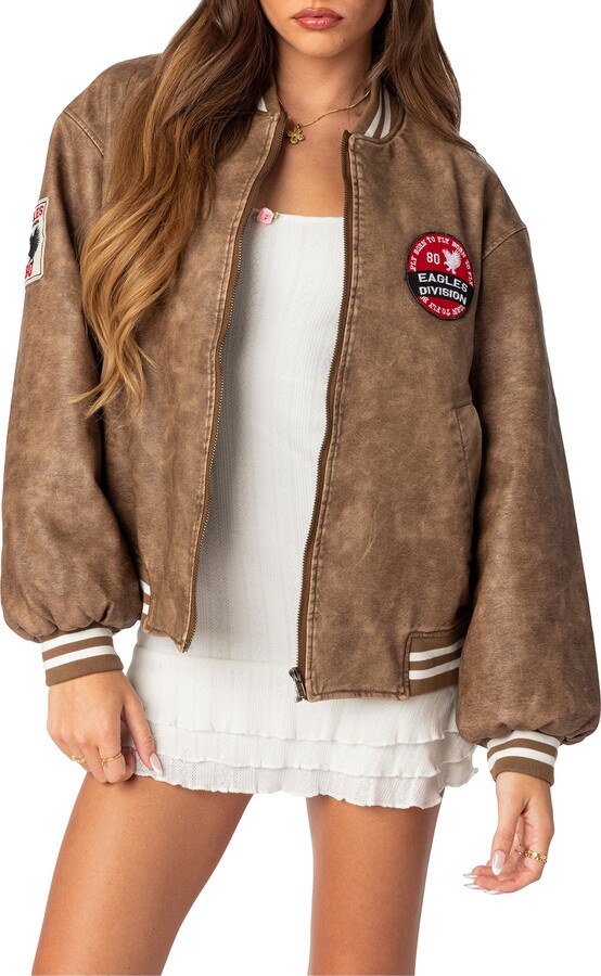 EDIKTED Washed Faux Leather Bomber Jacket - ShopStyle