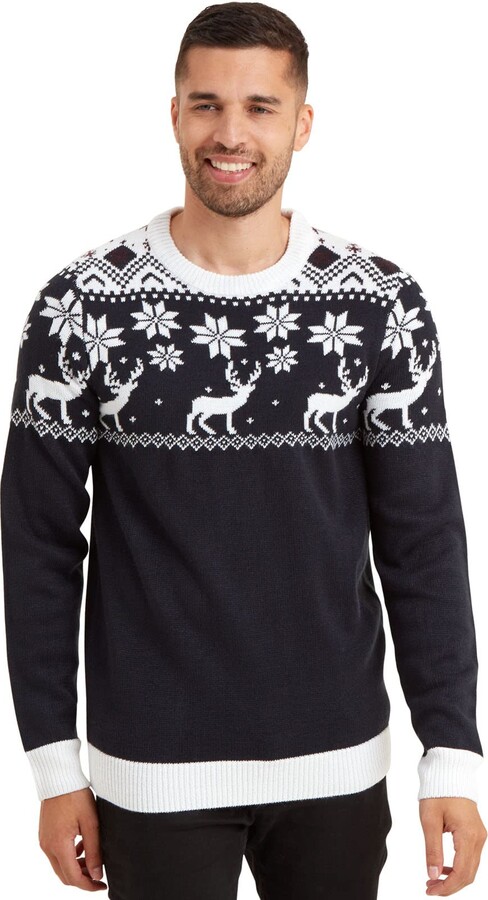 Snuggaroo Mens Reindeer Knitted Fair Isle Christmas Jumper - Navy/White ...