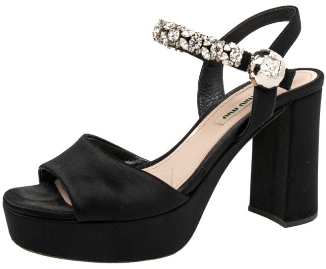 Miu Miu Black Satin Crystal Embellished Ankle Strap Platform Block Heel Sandals Size 39.5 ...