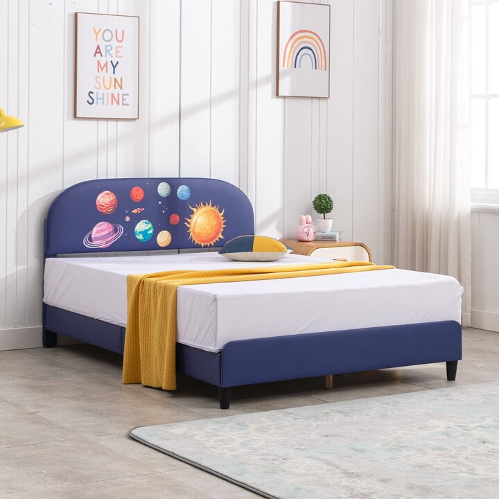 Global Pronex Full Size Bed Frames for Kids, Faux Leather Upholstered Full Bed Platform with ...