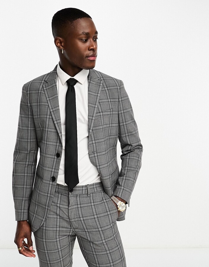 Selected slim fit suit jacket in dark gray check - ShopStyle