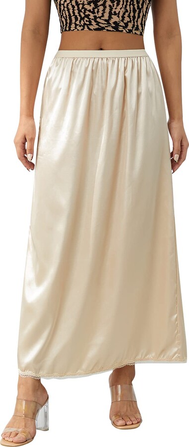 wdehow Women's Satin Half Slip Lace Long Underskirt Anti Static Elastic ...