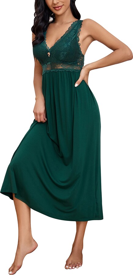 Alcea Rosea Women's Sleepwear Long Nightdress with Lace V Neck ...
