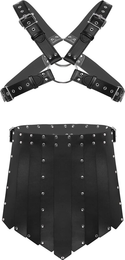 iiniim Men's Black Leather X-Shaped Body Chest Caged Harness with Skirt ...