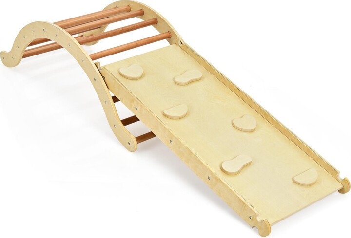 Sugift 3-in-1 Wooden Climber Ladder Structure with Rock Climbing Ramp ...