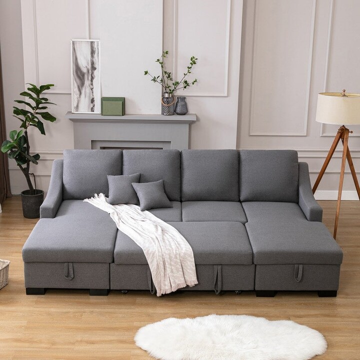 IGEMAN U-Shape Sleeper Sectional Sofa, Linen Convertible Large Size ...
