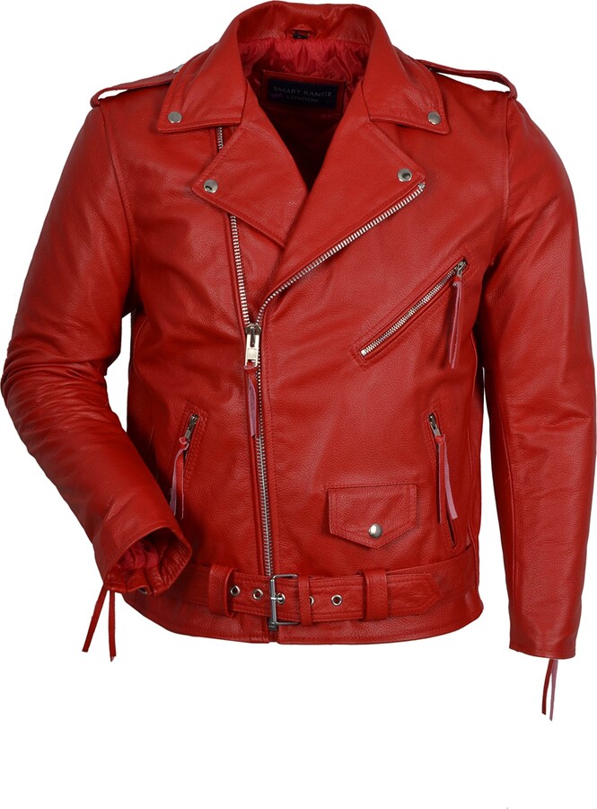 Smart Range Leather Men's Brando Red Classic Motorcycle Motorbike ...