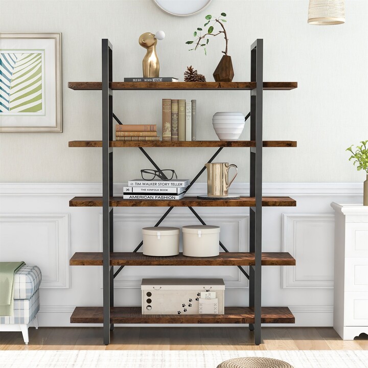 TONWIN 5-tier Shelf Organizer Large Open Bookshelf Rustic Wood, Living ...