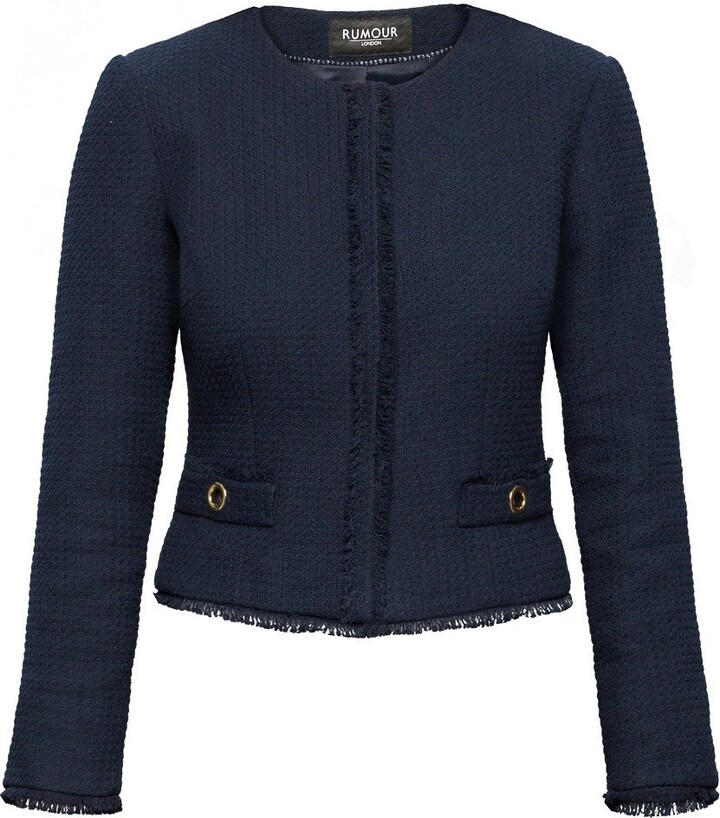 Rumour London Women's Blue Gabrielle Navy Tweed Jacket With Fringing ...