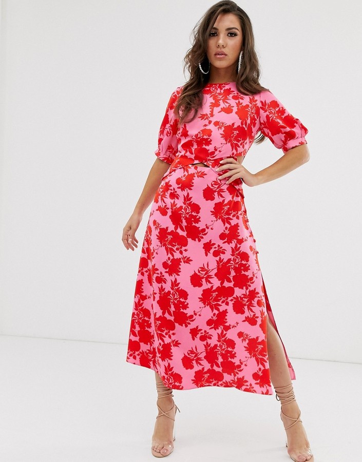 ASOS DESIGN puff sleeve wrap front midi dress with cutout in floral ...