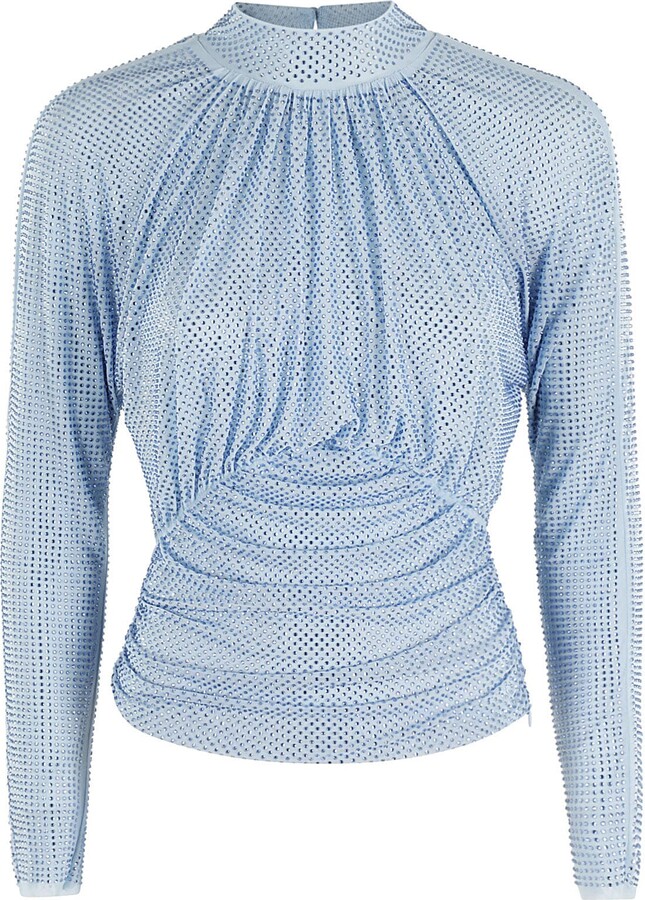 Self-Portrait Light Blue Rhinestone Mesh Top - ShopStyle