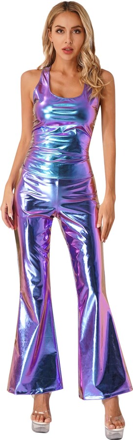 CHICTRY Women 70s Disco Costume Adult Metallic Shiny Retro Jumpsuit Cut ...
