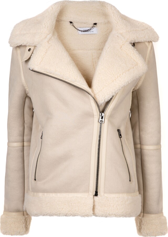ISSY LONDON Women's Neutrals Kate Faux Shearling Biker Jacket Stone ...