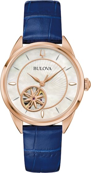Zales Ladies' Bulova Sutton Rose-Tone IP Blue Leather Strap Automatic ...