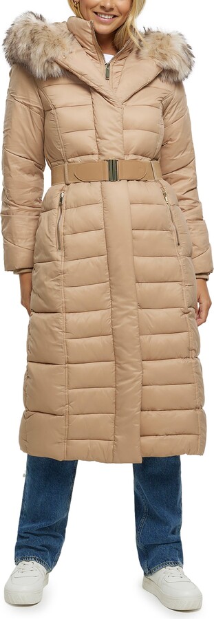 River Island Belted Longline Hooded Puffer Jacket with Removable Faux Fur Trim - ShopStyle Coats