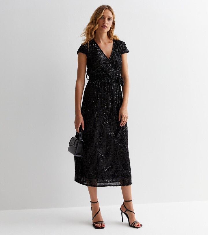 Gini London Black Sequin Belted Wrap Midaxi Dress - ShopStyle