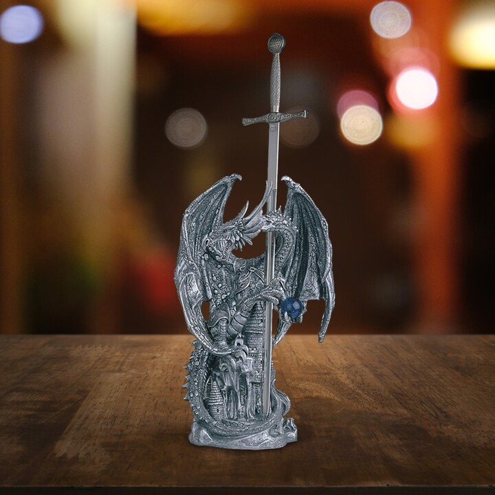 ICE ARMOR 12"H Medieval Silver Dragon Standing on Castle with Sword ...
