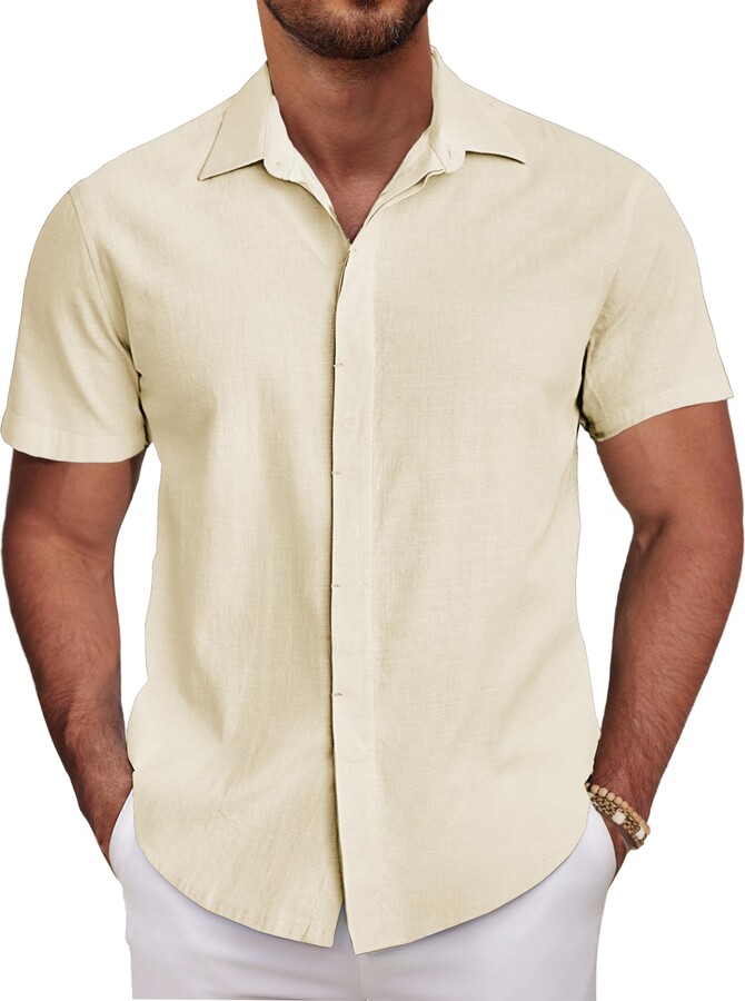COOFANDY Men's Linen Short Sleeve Shirts Casual Button Down Shirts Textured Summer Beach Wedding ...