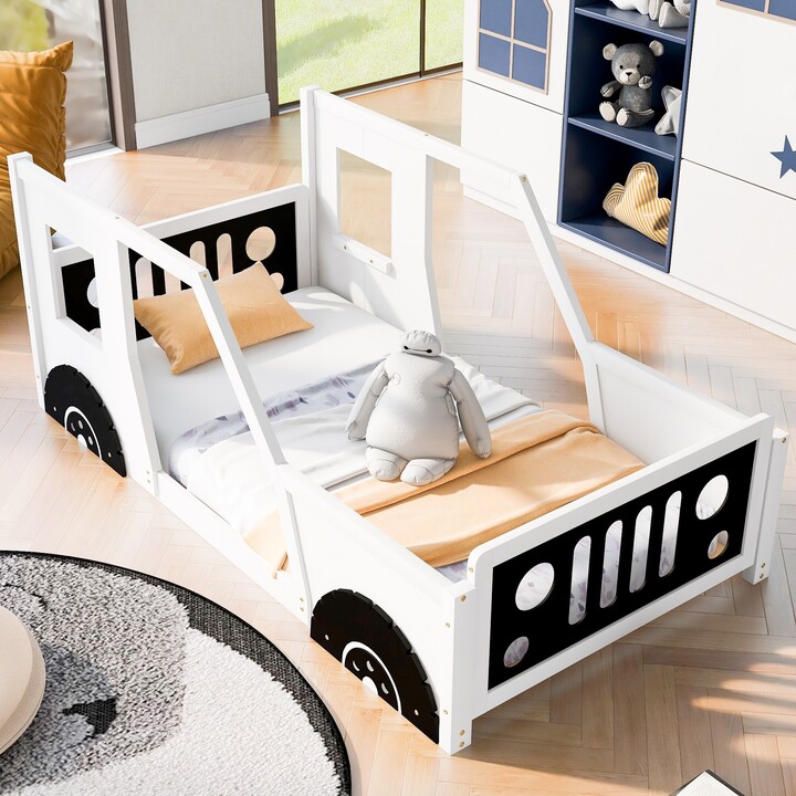 Sunmory Classic Car-Shaped Platform Bed with Wheels and Full-Length ...