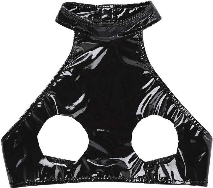 dPois Women Wet Look Faux Leather Cupless Open Bust Vest Cami Sexy ...