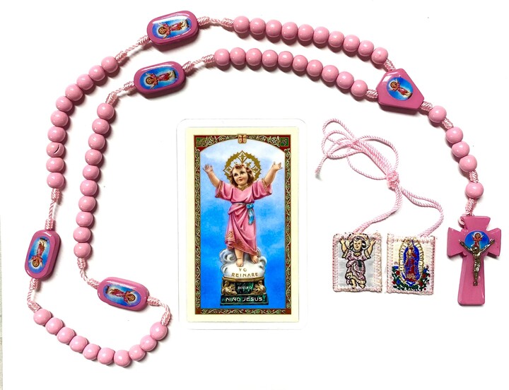 Etsy Holy Divine Child Pink Wooden Rosary, Scapular, English Laminated ...