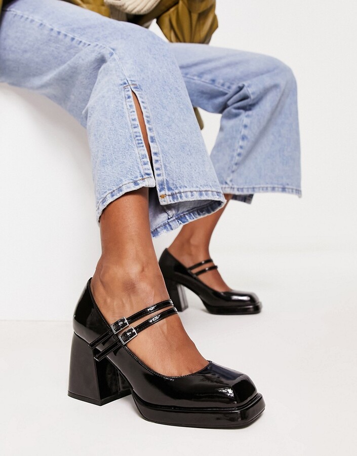 ASOS DESIGN Sully platform mary jane mid shoes in black patent - ShopStyle