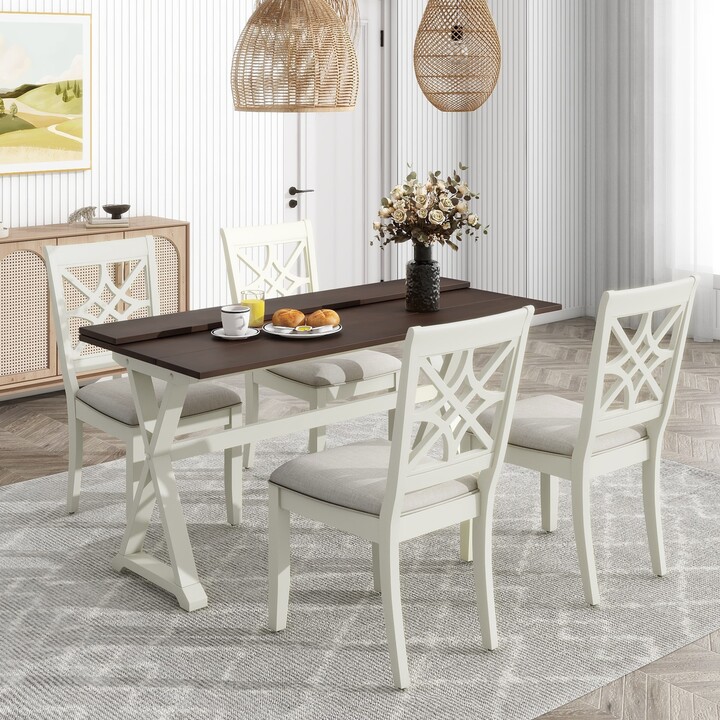 LELATTRADE Solid Wood 5-Pieces Dining Table Set, Extendable Kitchen ...