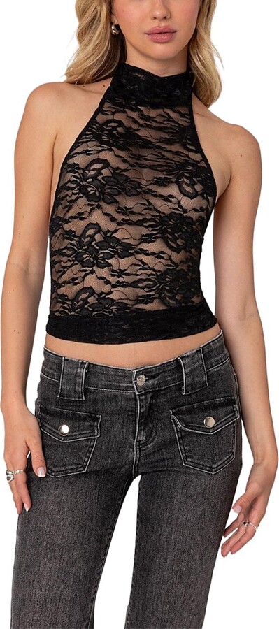 Edikted Alena High Neck Sheer Lace Top - ShopStyle