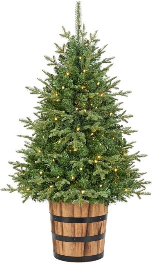 Home Accents Holiday 4 ft. Pre-Lit LED Fraser Fir Artificial Christmas Tree with Whiskey Barrel ...