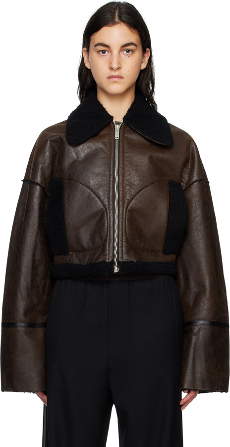 HALFBOY Brown Short Aviator Shearling Jacket - ShopStyle