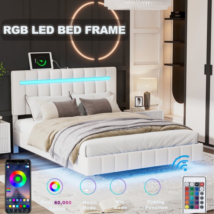 NINEDIN White Floating Bed Frame with LED Lights PU Headboard and USB ...