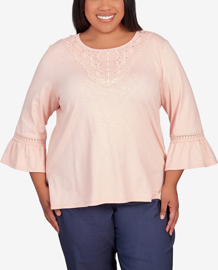Alfred Dunner Plus Size A Fresh Start Lace Neck Solid Flutter Sleeve Top - ShopStyle