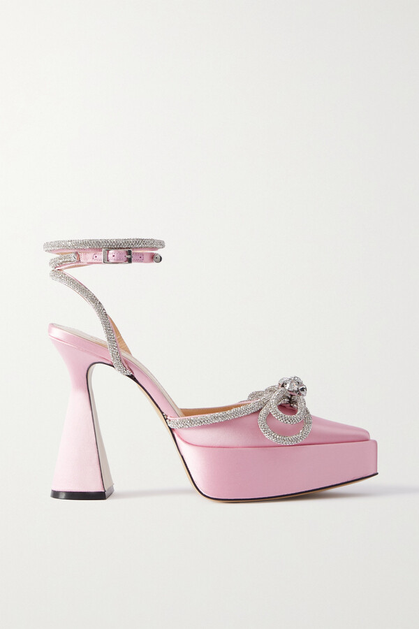 MACH & MACH Double Bow Crystal-embellished Satin Platform Pumps - Pink - ShopStyle